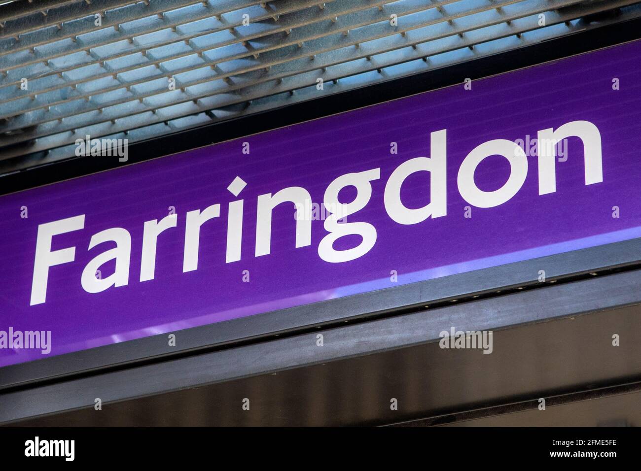 London, UK - May 7th 2021: The sign above an entrance to Farringdon ...