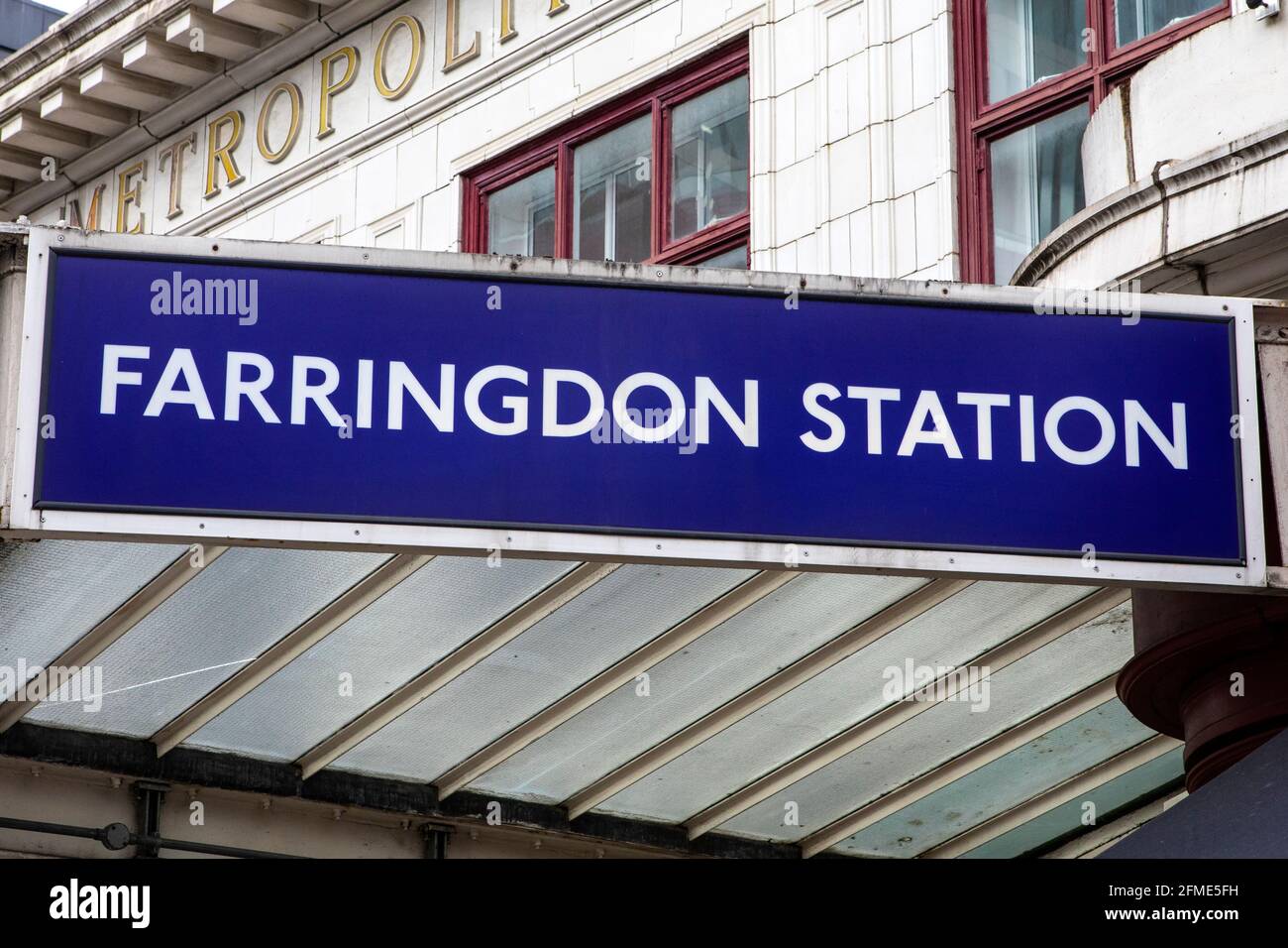 London, UK - May 7th 2021: The sign above an entrance to Farringdon ...