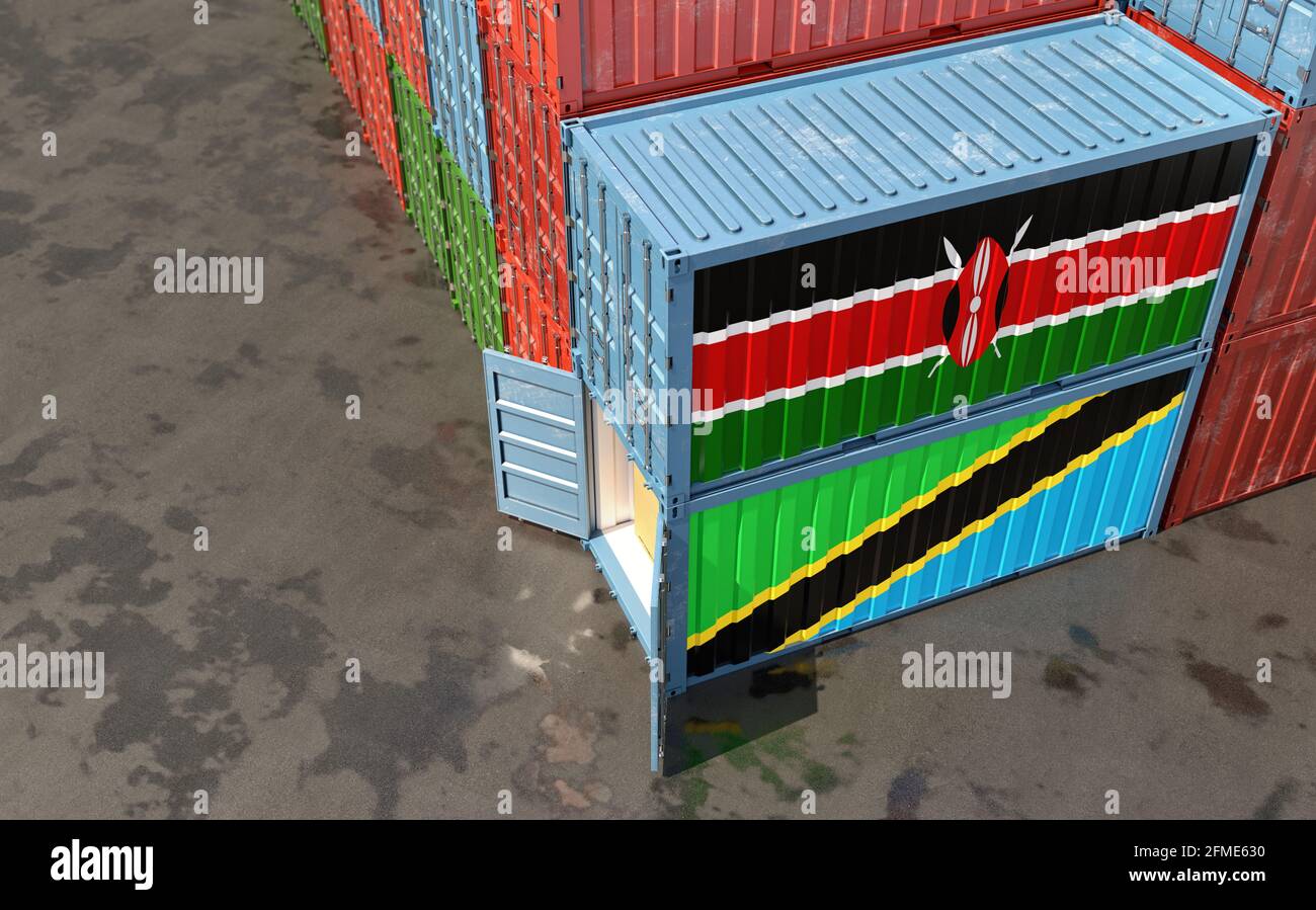 Freight containers with Kenya and Tanzania flags. 3D Rendering Stock ...