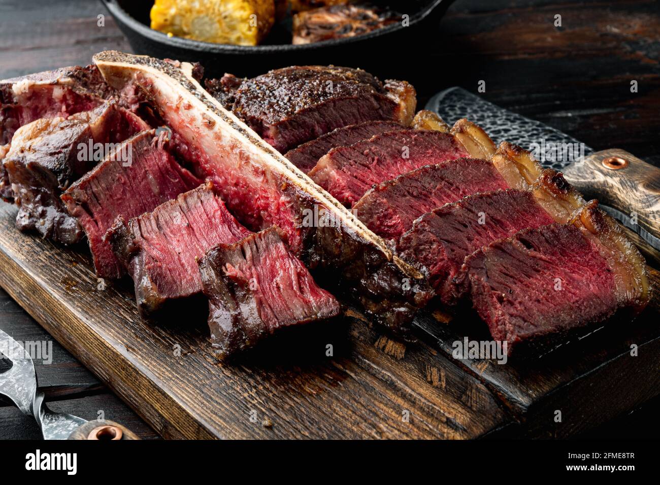 American cuisine. Sliced and roast T-bone or porterhouse beef medium ...