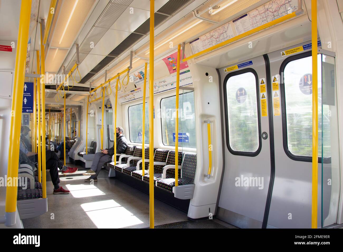 Quiet train carriage interior during pandemic, London Underground ...