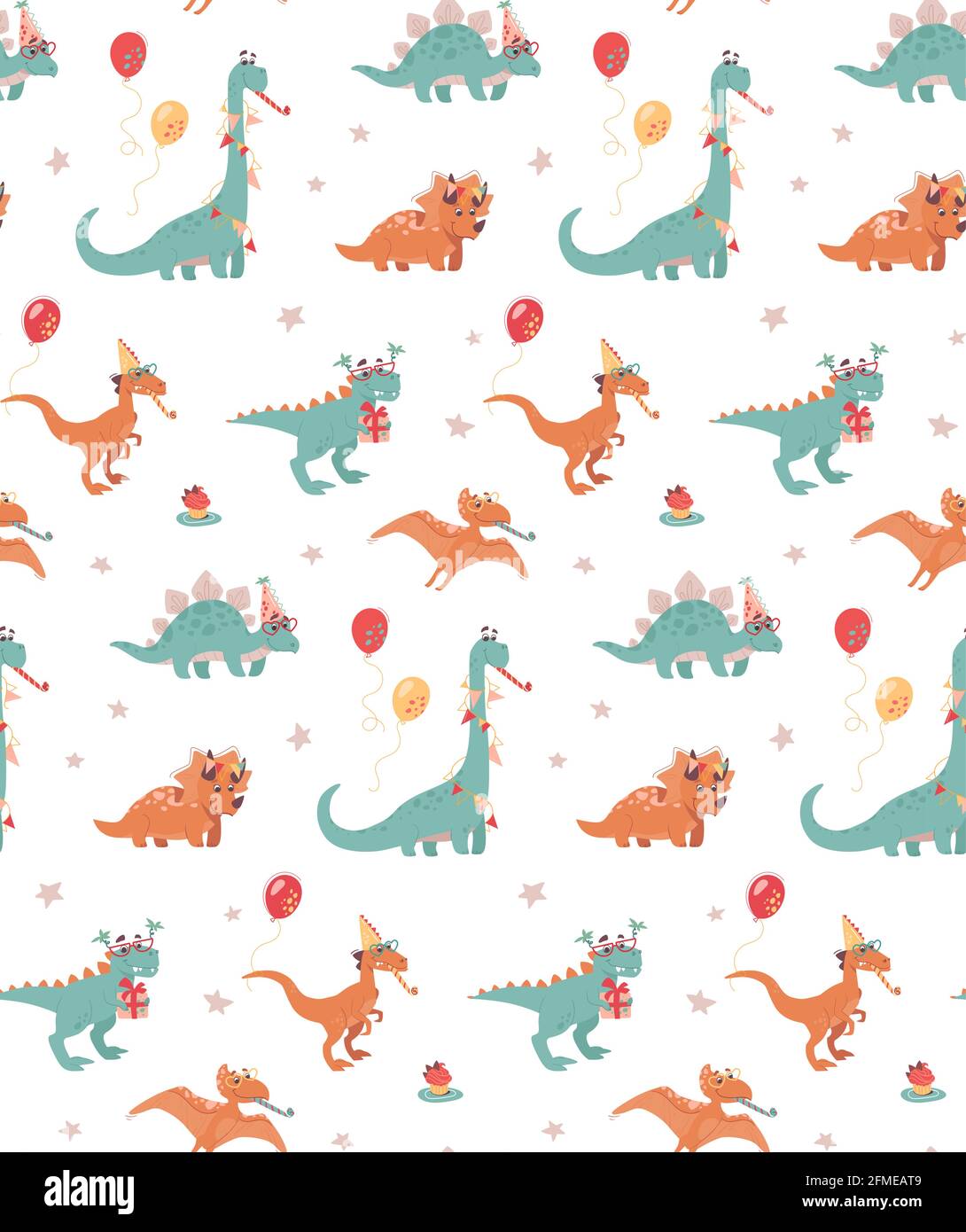 Festive seamless background with dinosaurs. Stegosaurus, Triceraptor ...