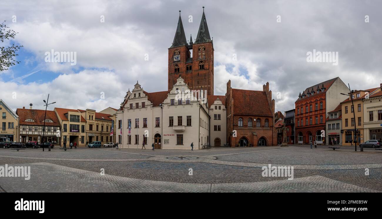 STENDAL, GERMANY - APRIL 24, 2021: Panoramic view of an old town square ...