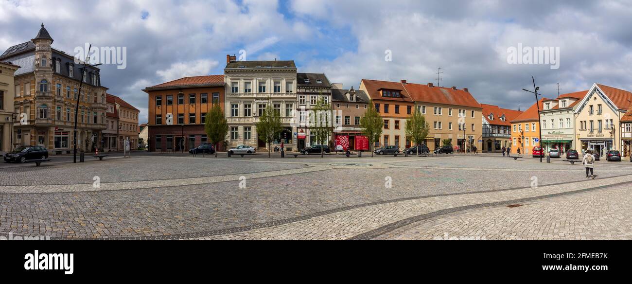STENDAL, GERMANY - APRIL 24, 2021: Panoramic view of an old town square ...