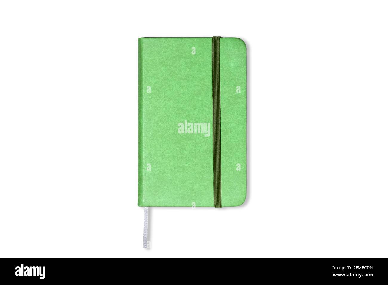 Green closed notebook mockup isolated on white background. Top view ...