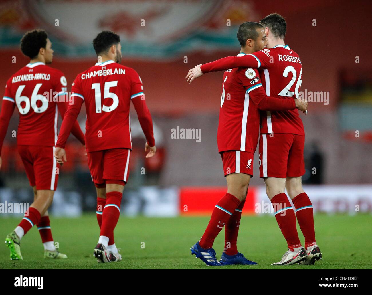 Liverpool's Thiago Alcantara (second right) celebrates scoring their ...