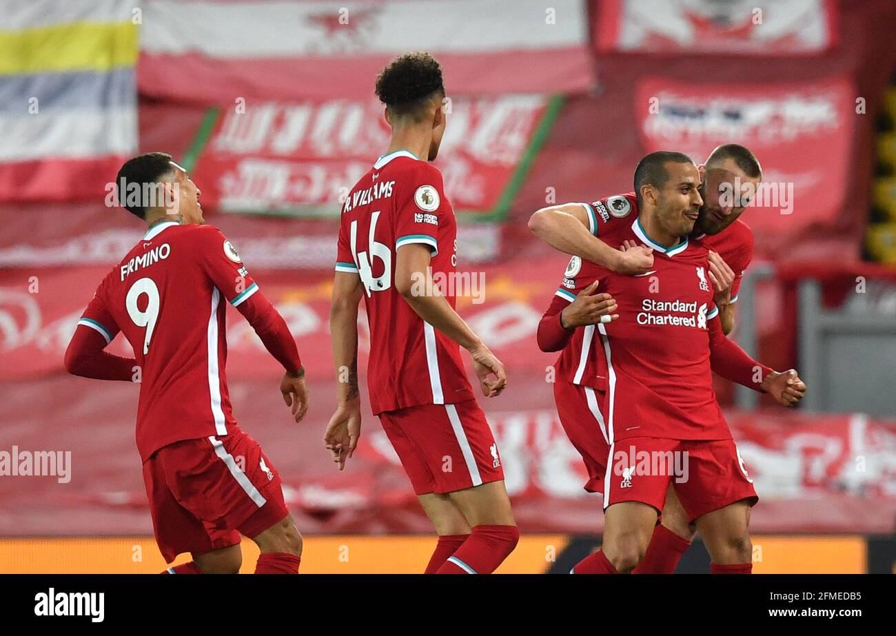 Liverpool's Thiago Alcantara (second right) celebrates scoring their ...