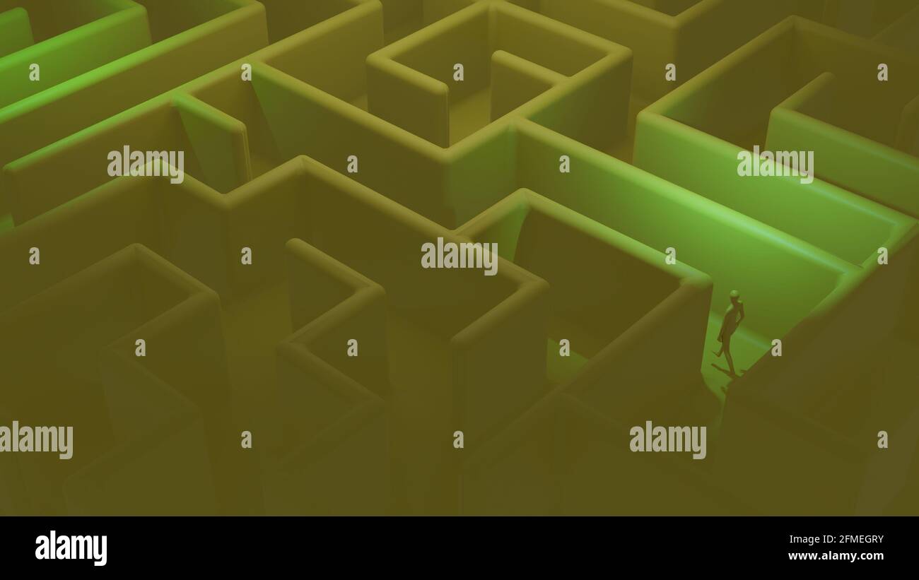 3D rendering of a person stuck in the middle of a maze shot at a high ...
