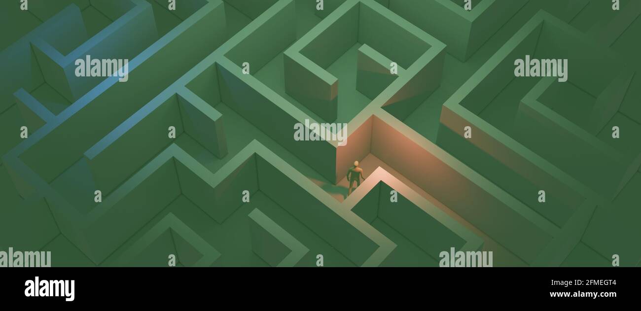 3D rendering of a person stuck in the middle of a maze shot at a high ...
