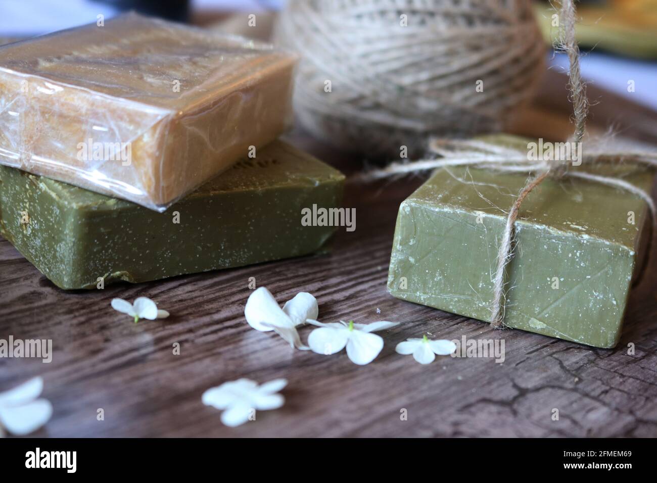 Different green and yellow soaps Stock Photo - Alamy