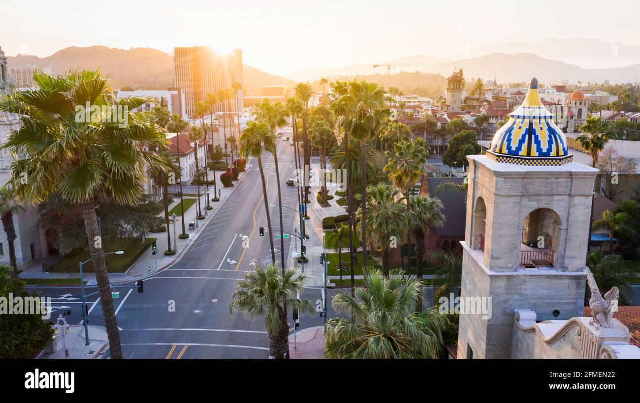 Aerial sunset view of the downtown area of Riverside, California Stock ...