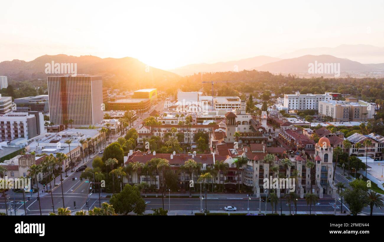 Aerial sunset view of the downtown area of Riverside, California Stock ...