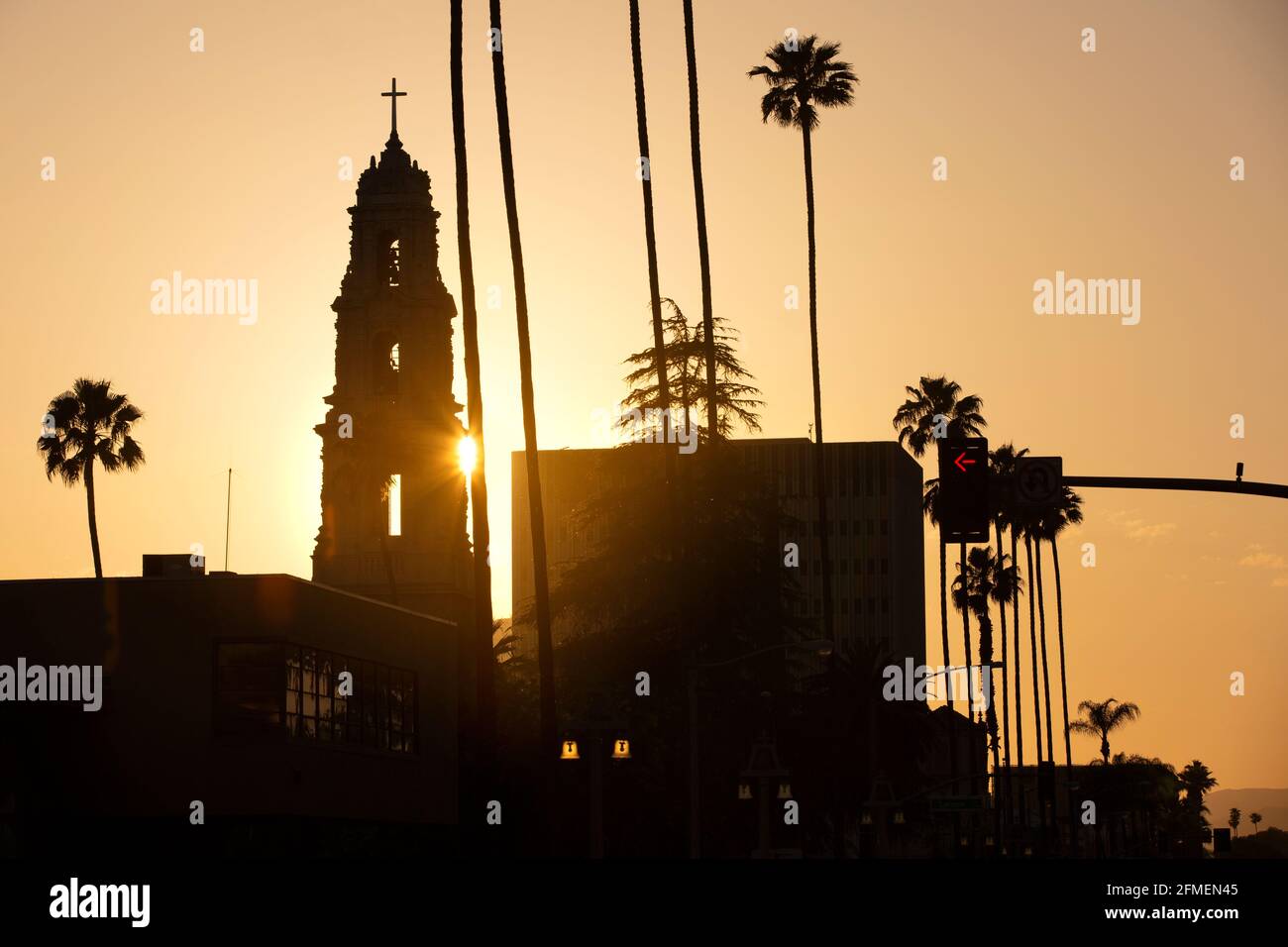 Sunset view of the historic section of downtown Riverside, California ...