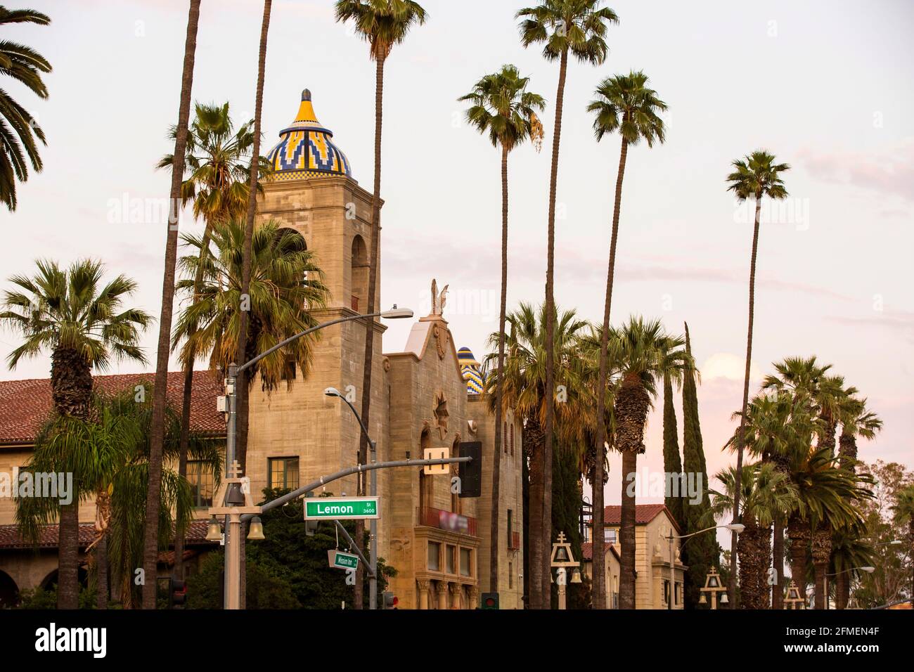 Sunset view of the historic section of downtown Riverside, California ...