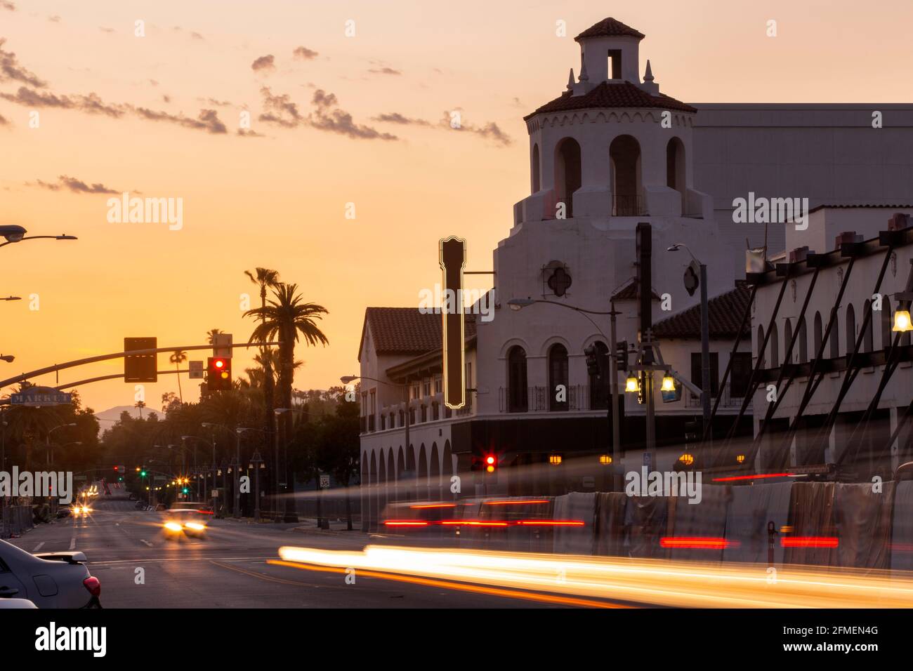 Twilight view of the historic section of downtown Riverside, California ...