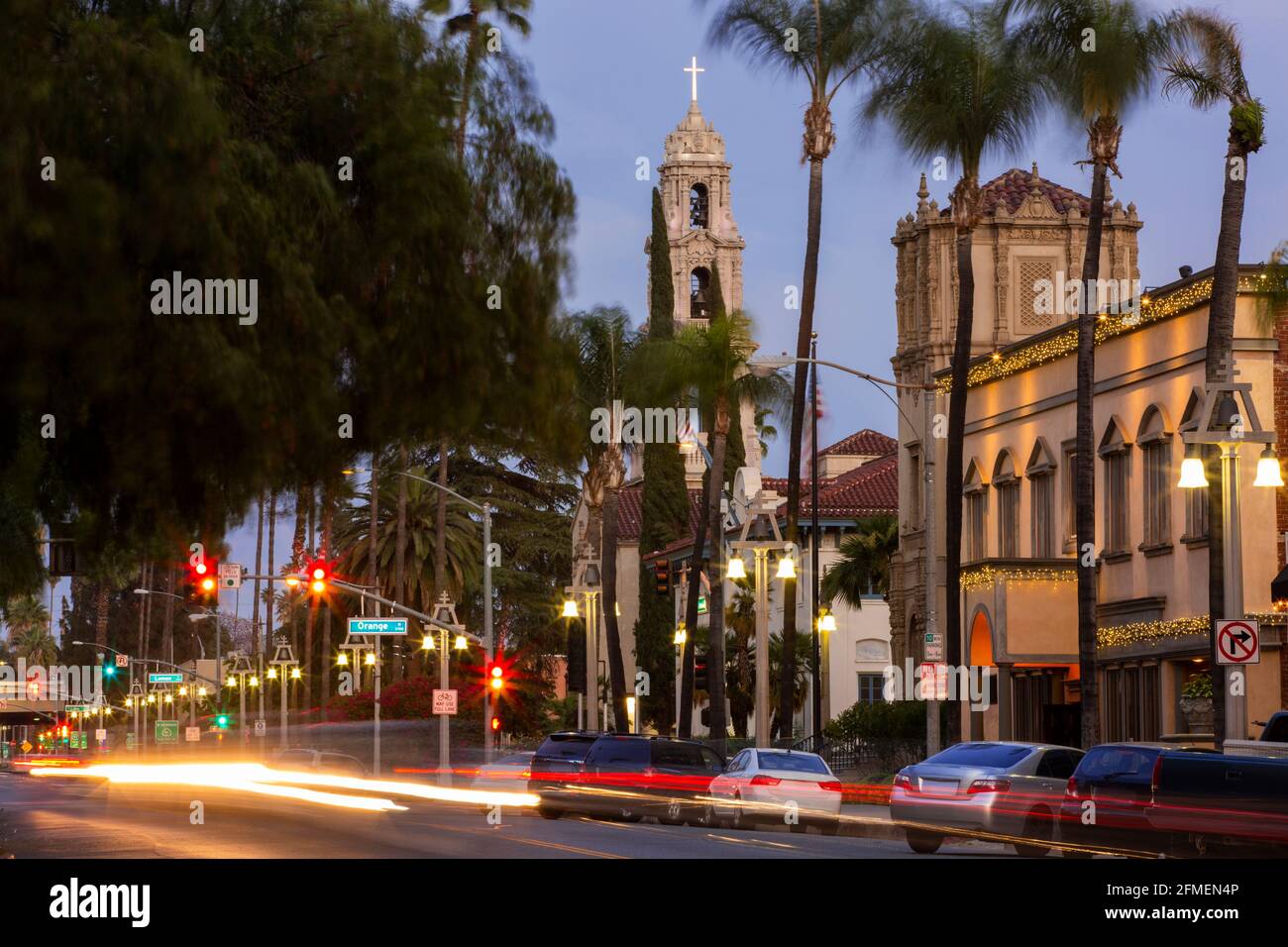 Twilight view of the historic section of downtown Riverside, California ...