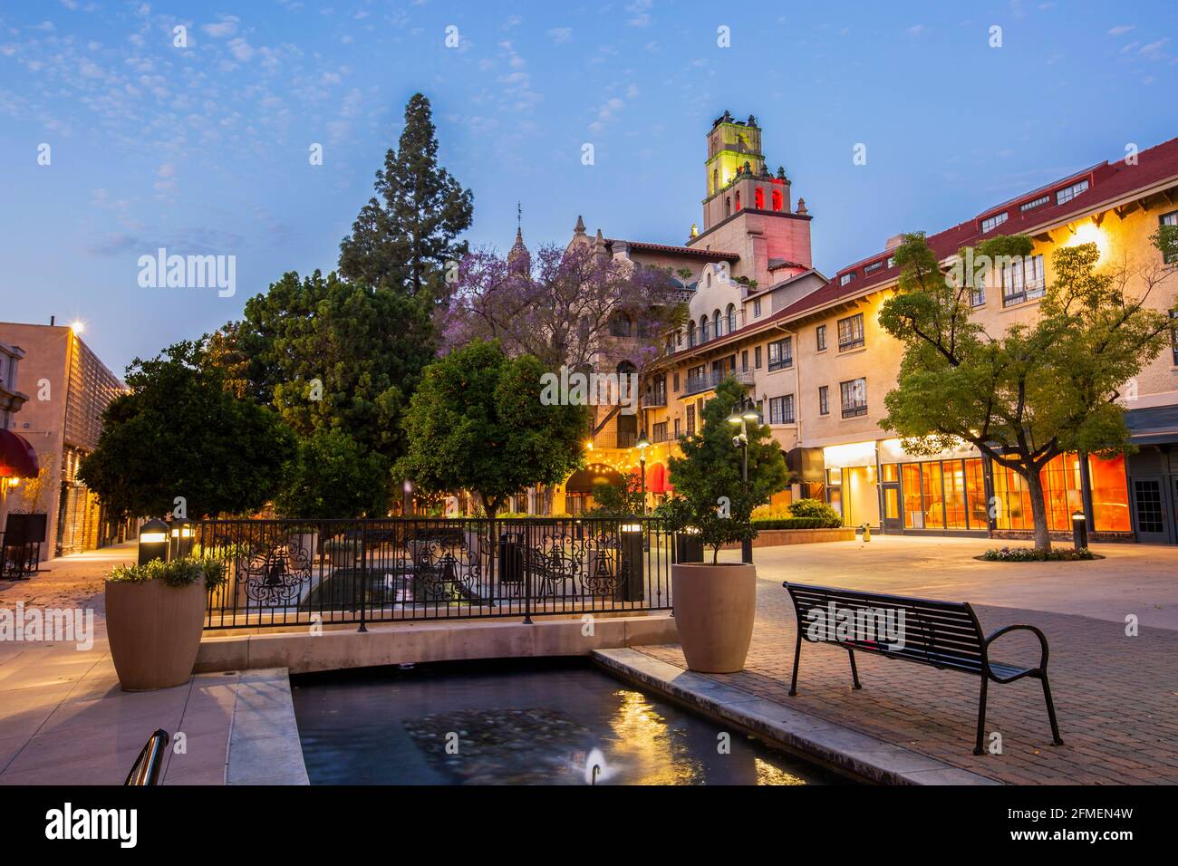 Twilight view of the historic section of downtown Riverside, California ...
