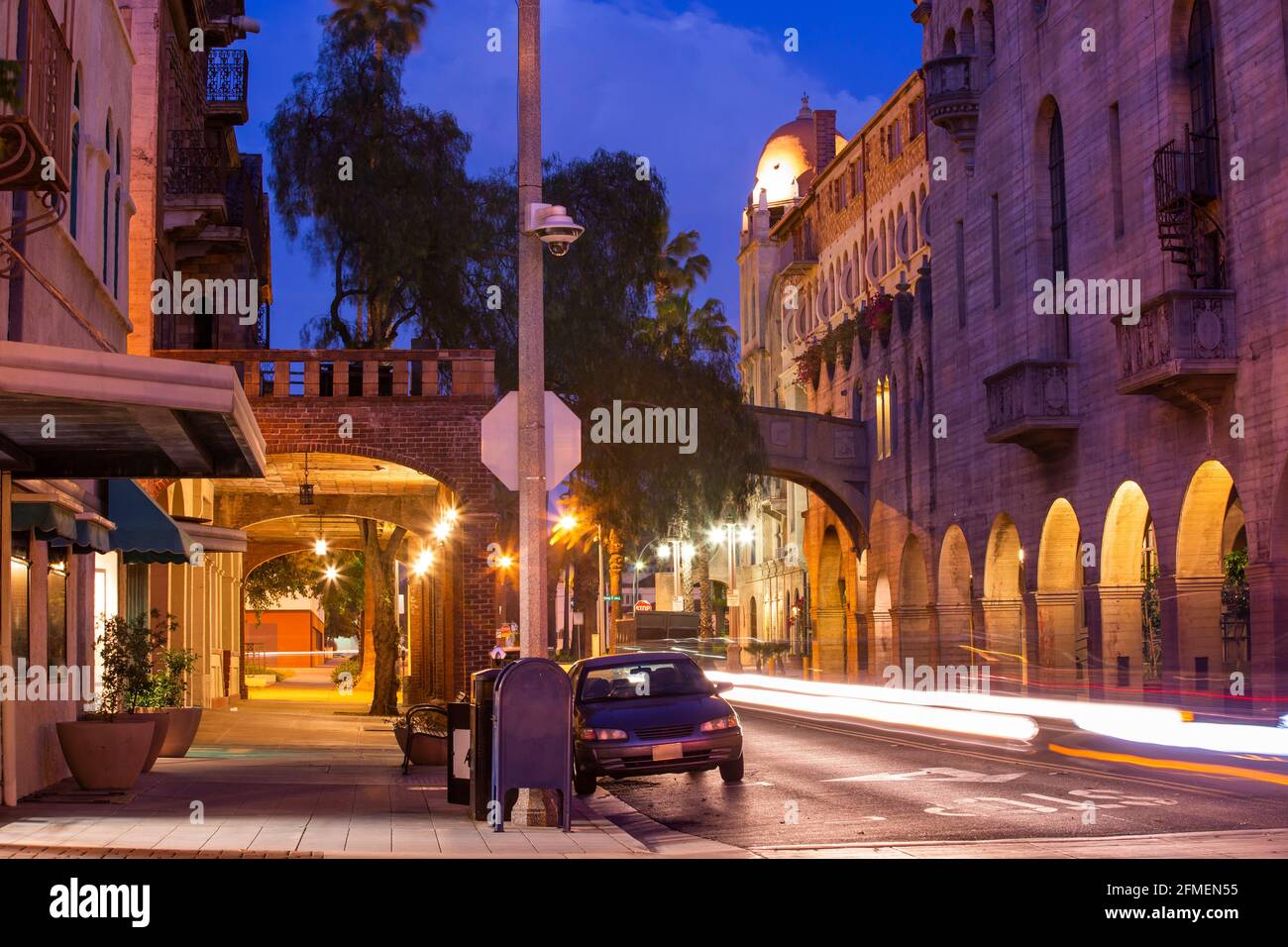 Twilight view of the historic section of downtown Riverside, California ...