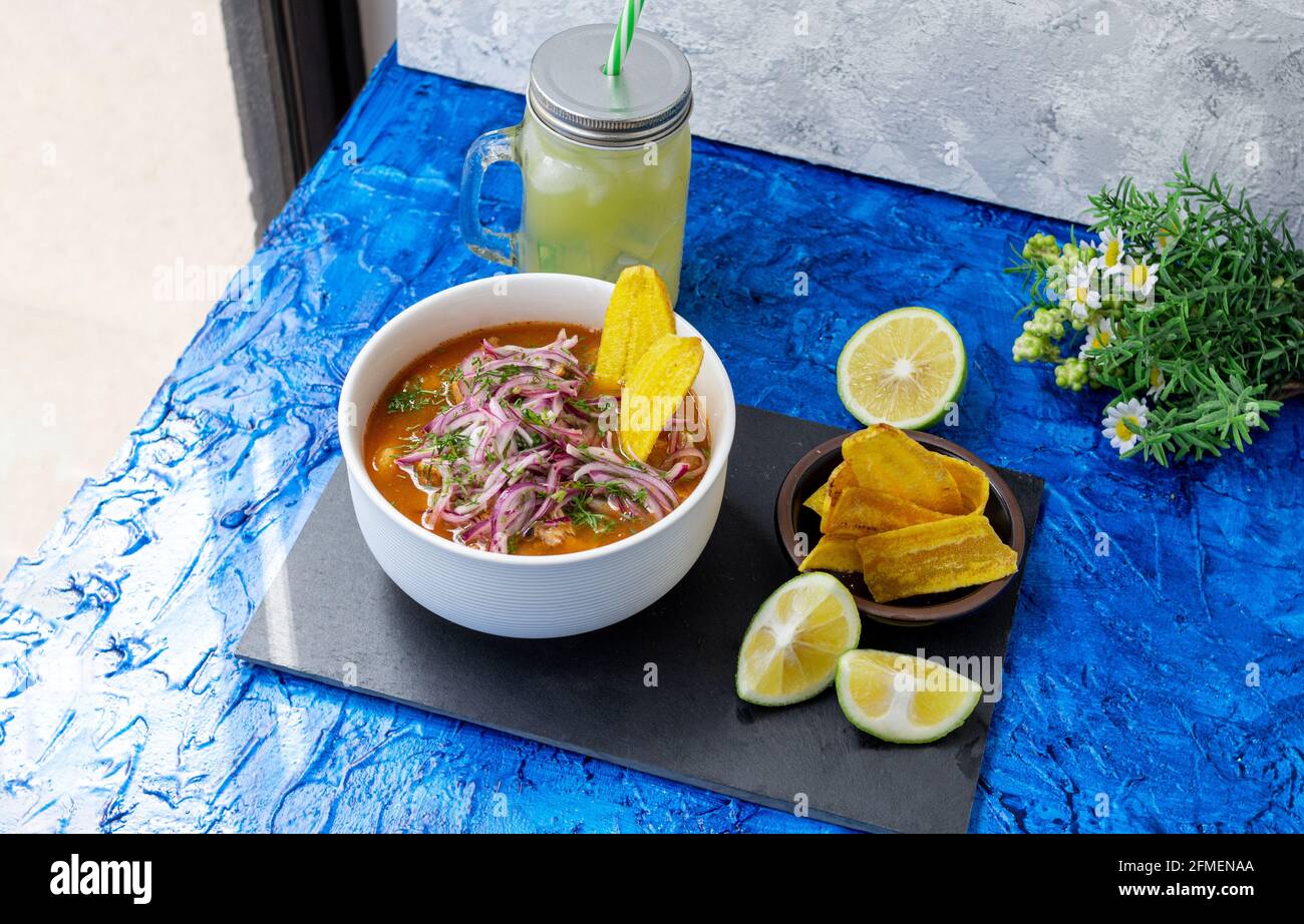 Dish of encebollado, typical food from Ecuador prepared with fish ...