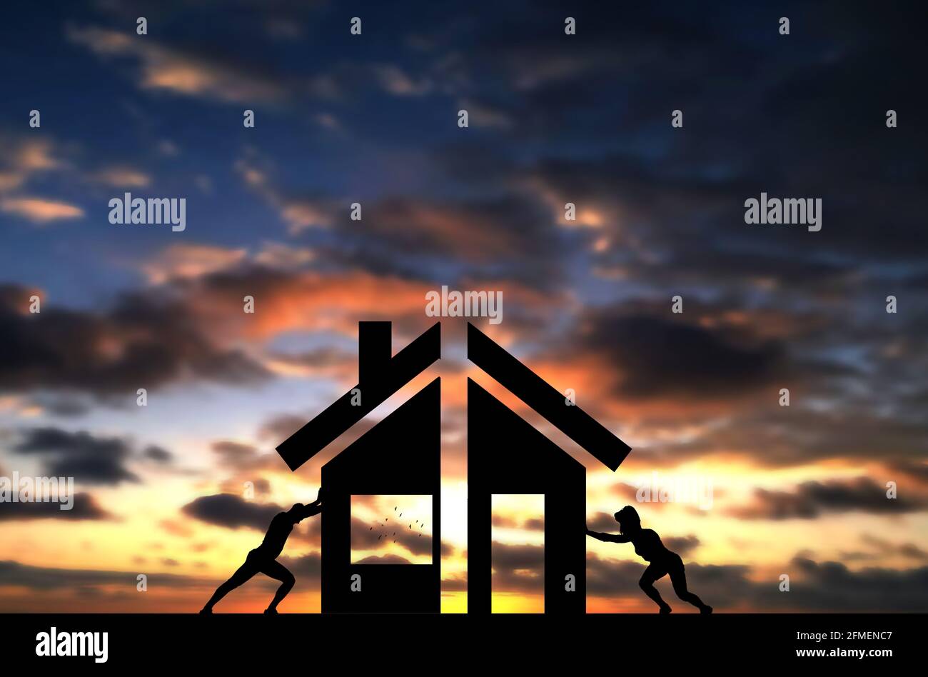 Man And Woman Connect 2 parts of A House together, Pushing Hardly the ...