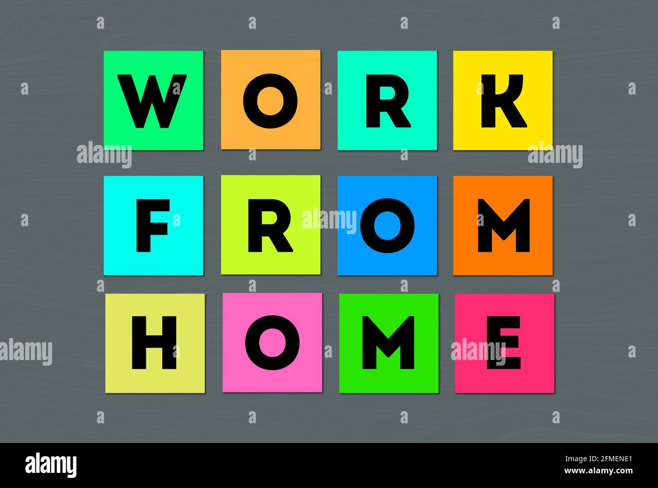 Work from Home text in paper note, colorful letters written in bloke ...