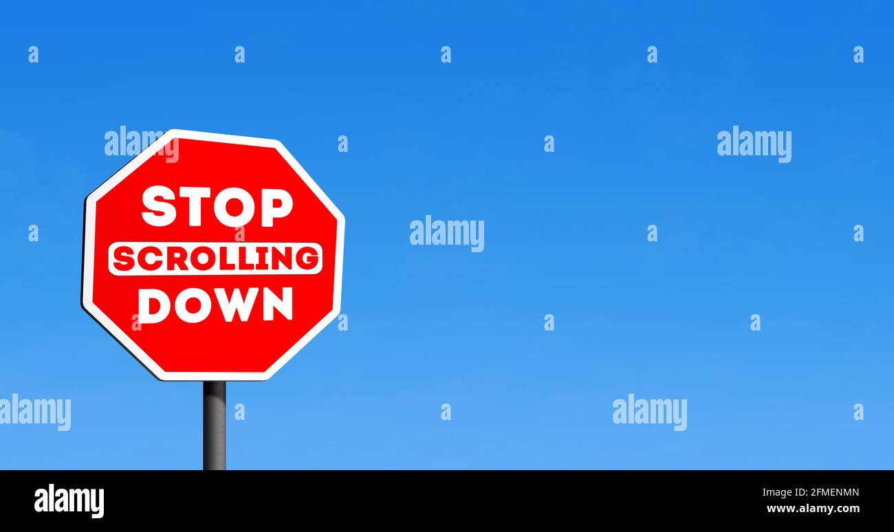Stop Scrolling Down Road sign Sky background Stock Photo - Alamy