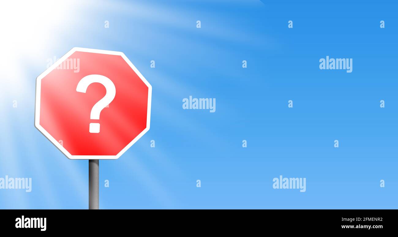 Question mart in stop road sign in blue clear sky, Bright sunshine rays ...