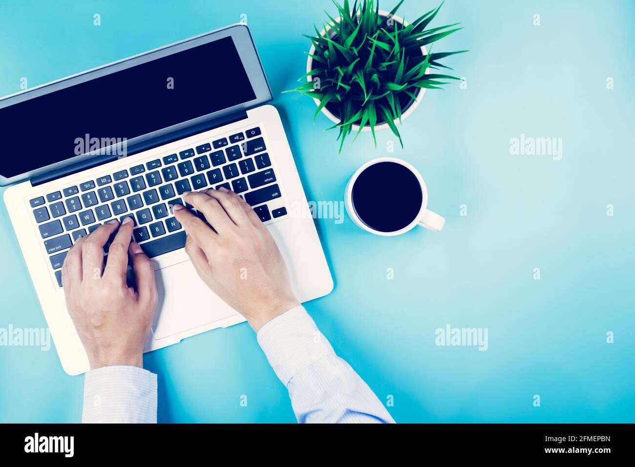 Flat lay, hand of businessman working on Laptop computer with plant and ...