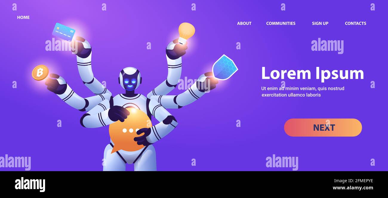 modern robot with many hands multitasking robotic character artificial ...