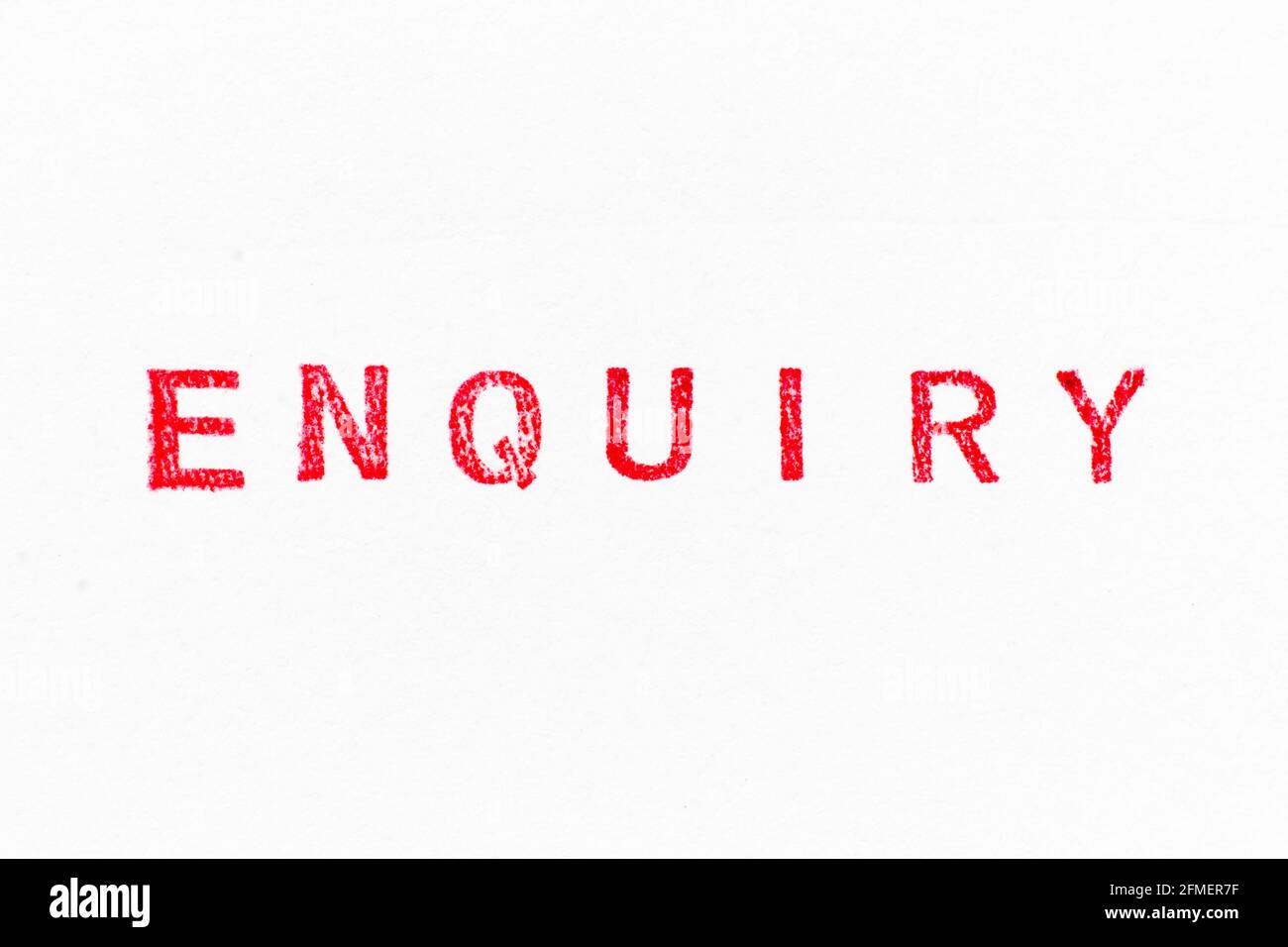 Red color ink rubber stamp in word enquiry on white paper background ...