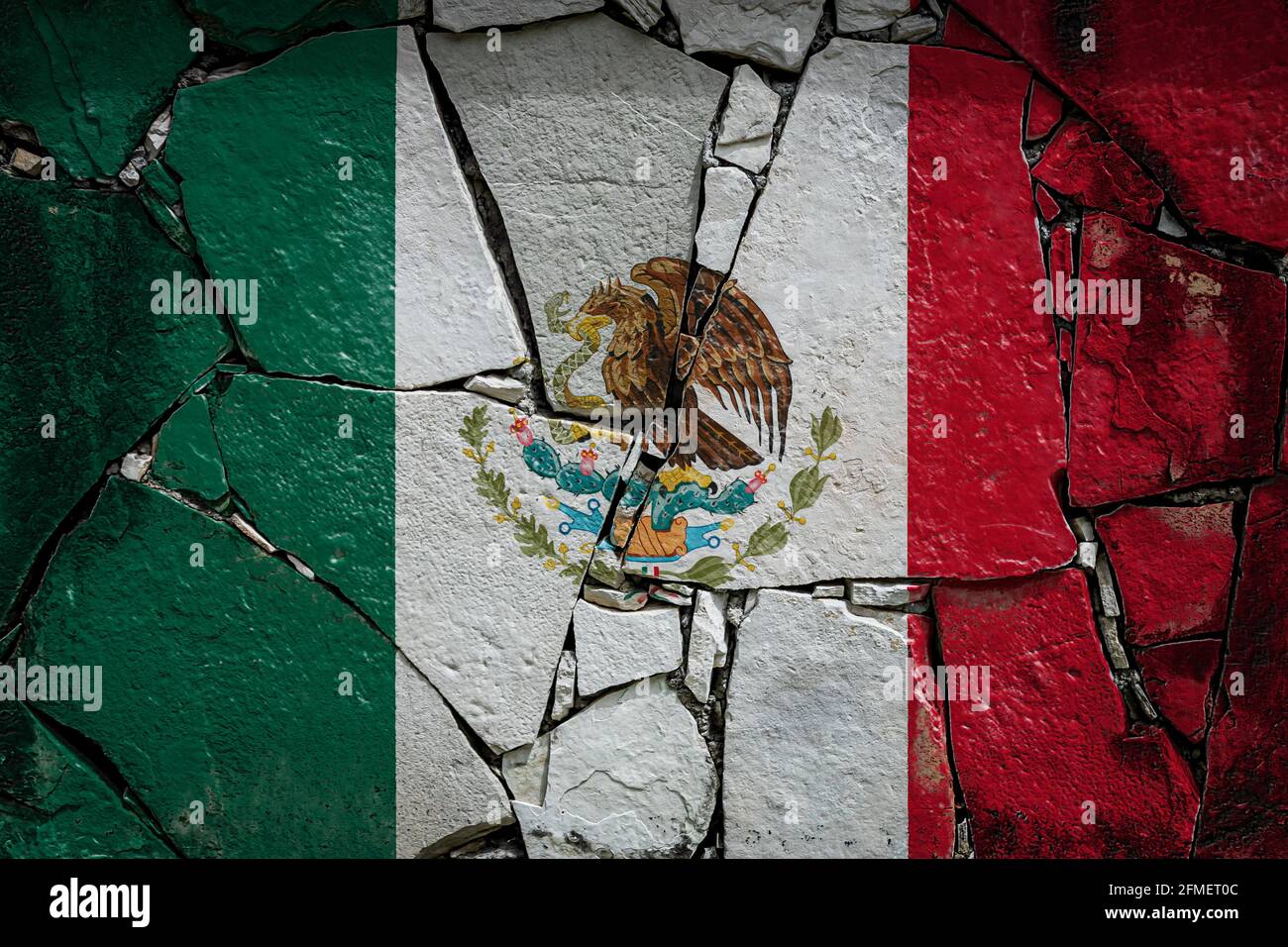 National flag of Mexico depicting in paint colors on an old stone wall ...