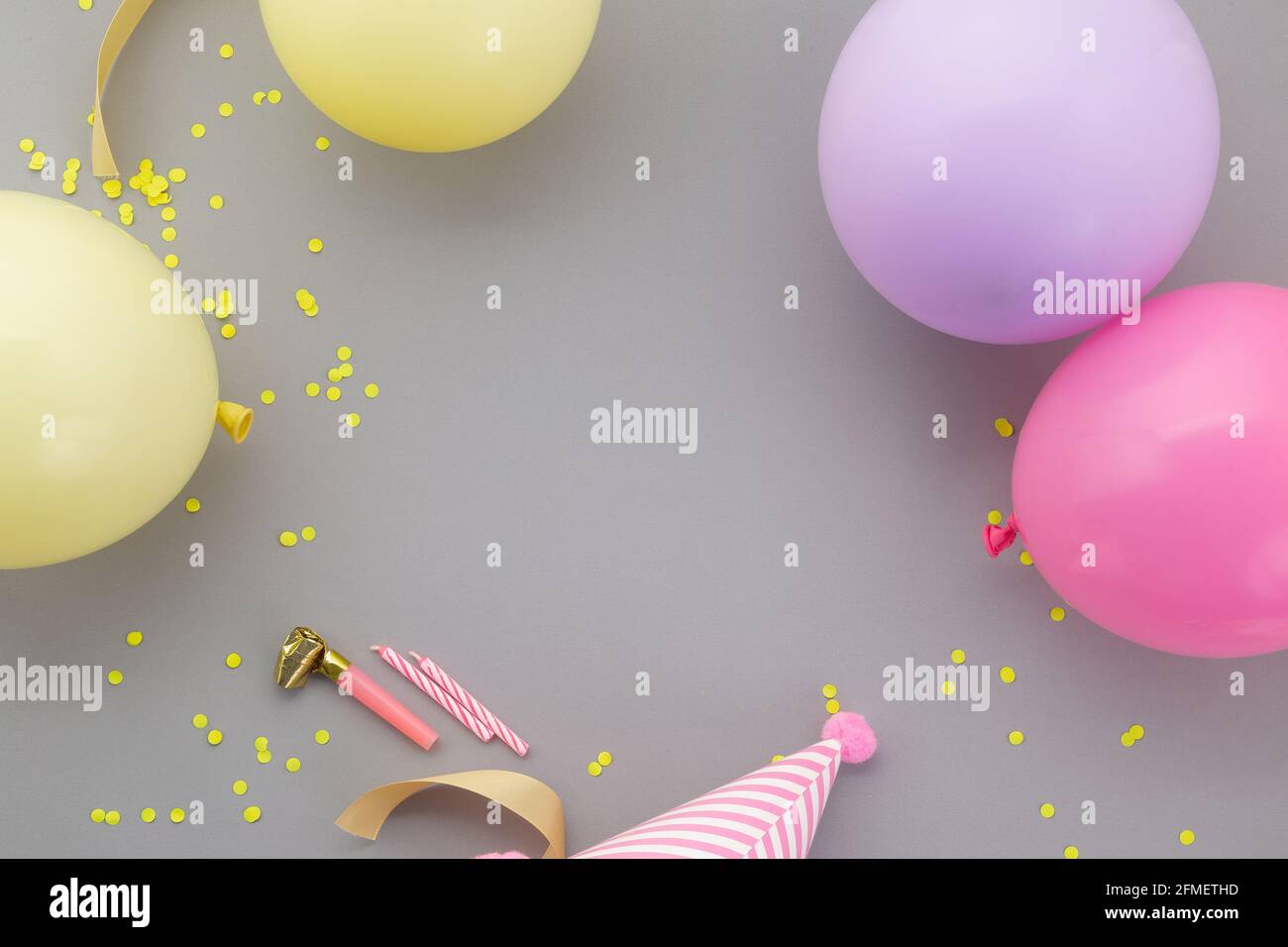 Happy birthday background, Flat lay colorful party decoration on pastel ...