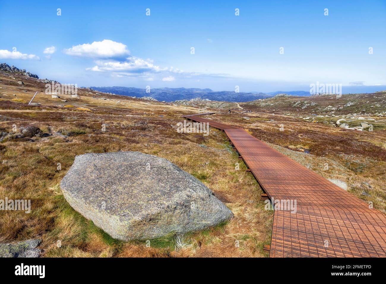 Steel boardwalk in Mt Kosciuszko national park of the Snowy Mountains ...