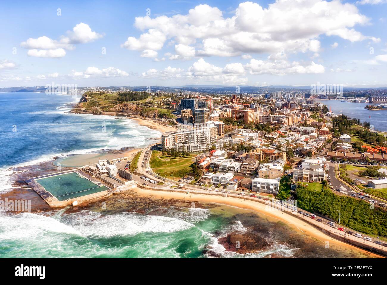 Panorama of Newcastle city on the hills over Hunter river and Pacific ...