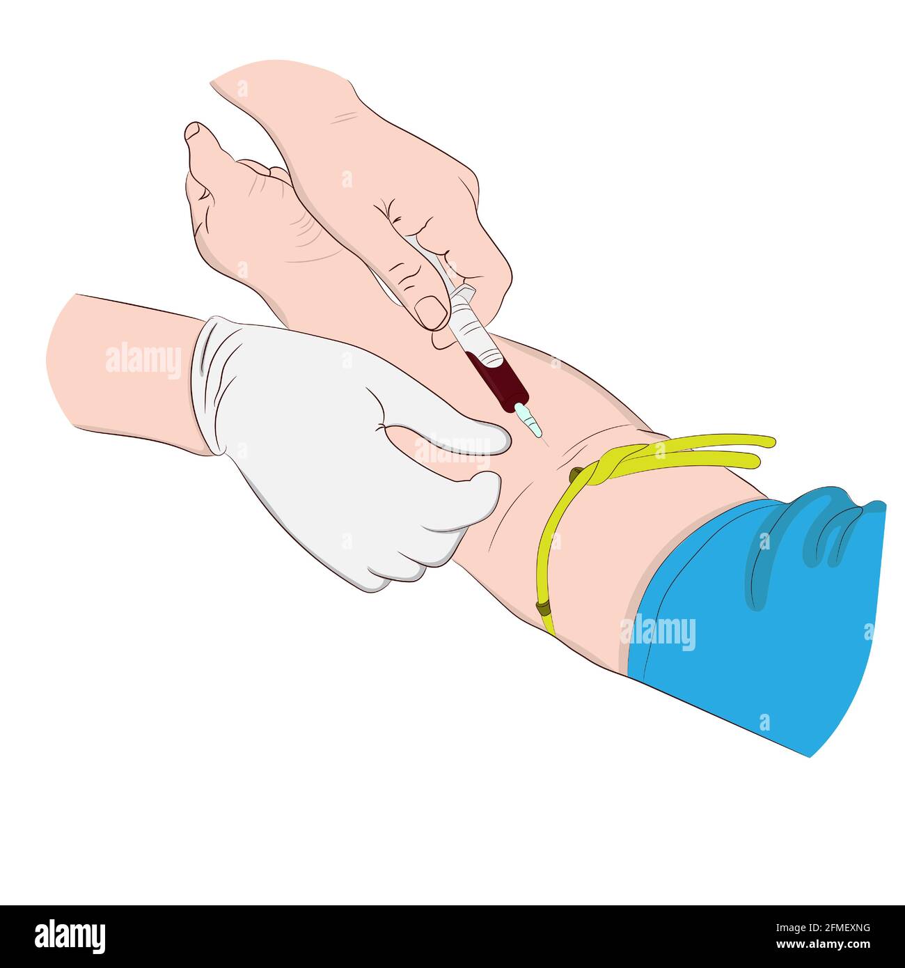 Vector illustration image a doctor using a needle to draw blood from an ...
