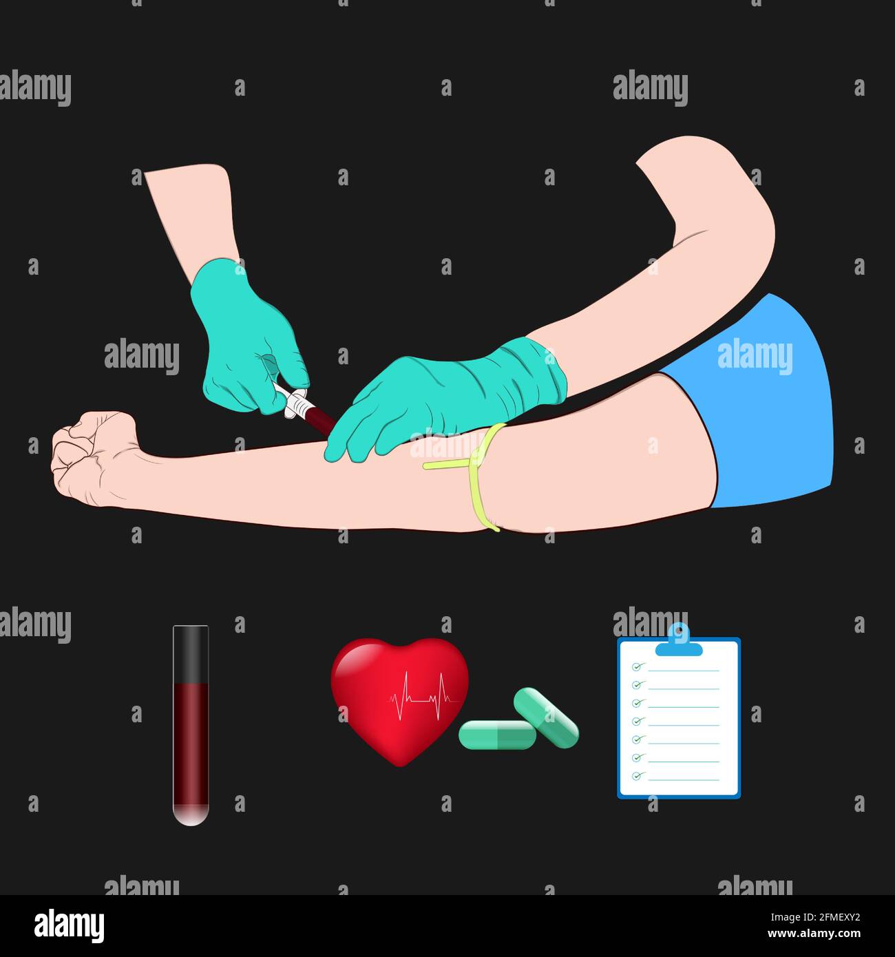 Vector illustration image a doctor using a needle to draw blood from an ...