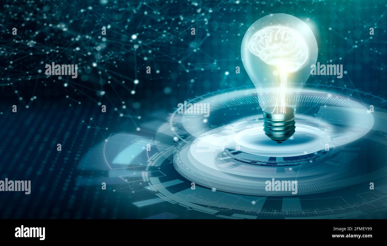 Light bulb on Futuristic technology convergence. Idea of new idea with ...