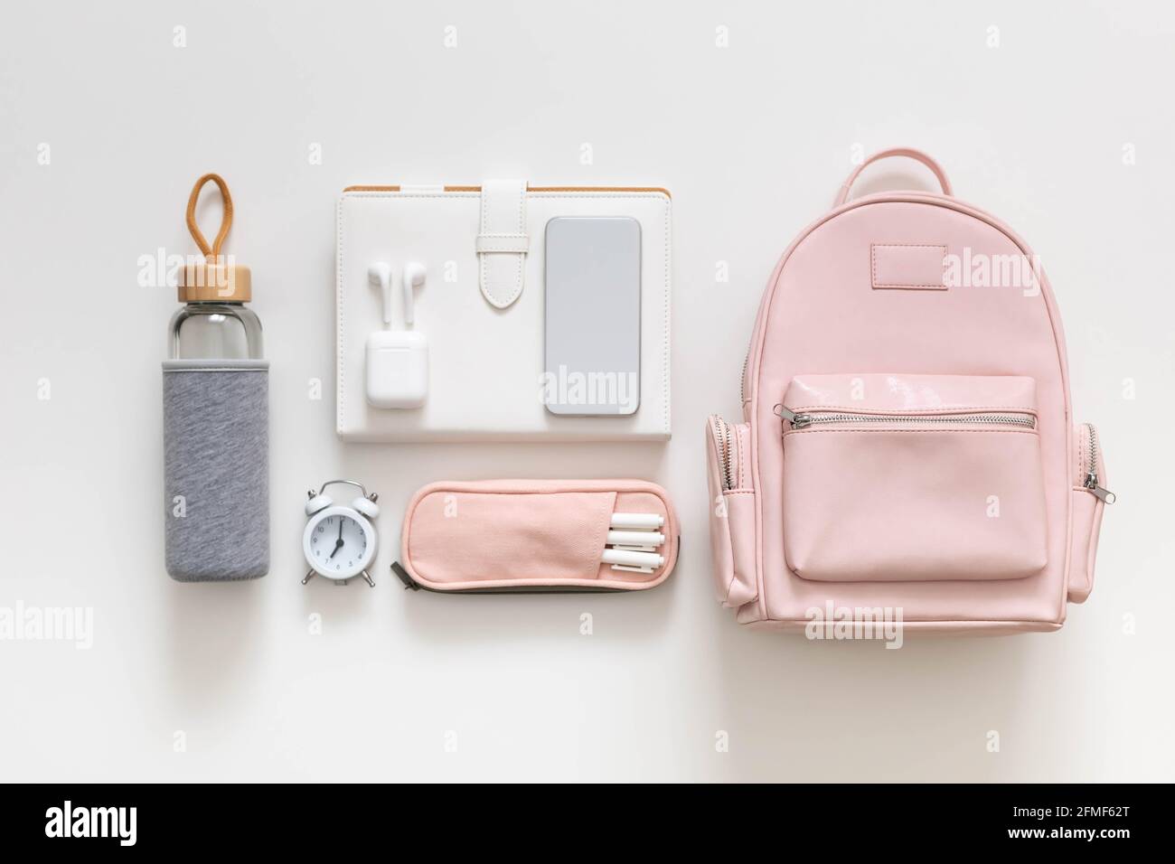 Female backpack stationery, clothes. Student bag storage organization ...