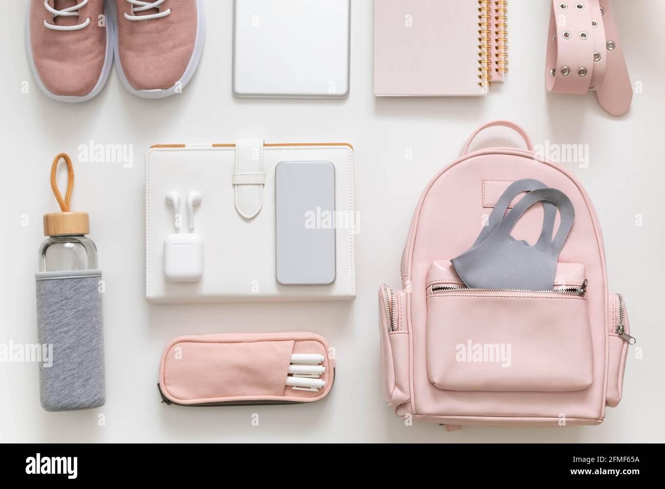 Female backpack stationery, clothes. Student bag storage organization ...