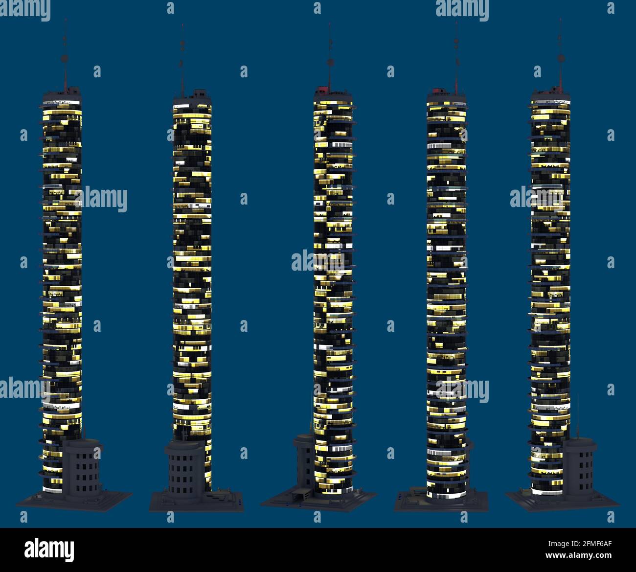 3d illustration of architecture - diffferent fictional towers at night ...