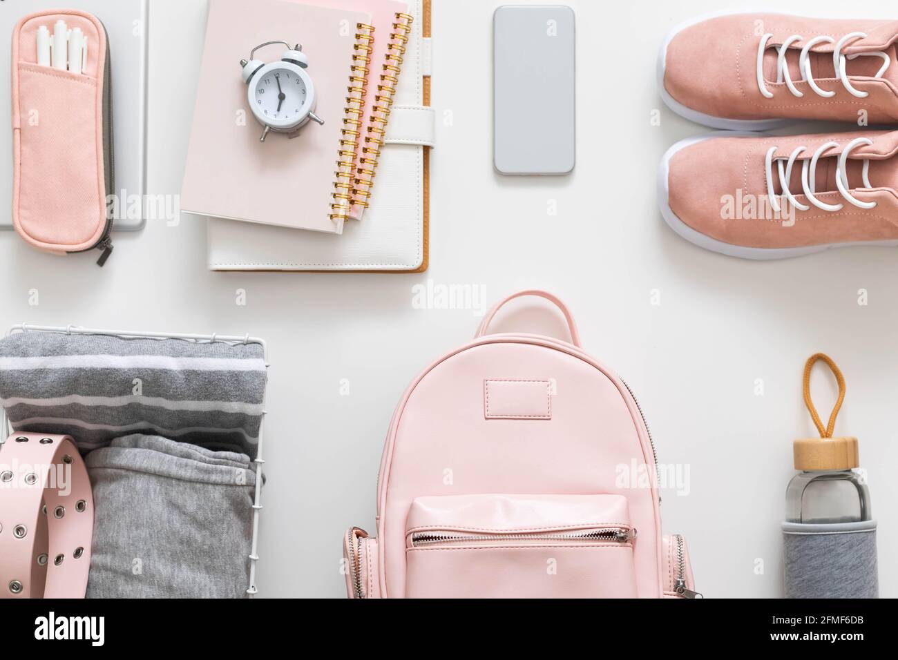 Female backpack stationery, clothes. Student bag storage organization ...