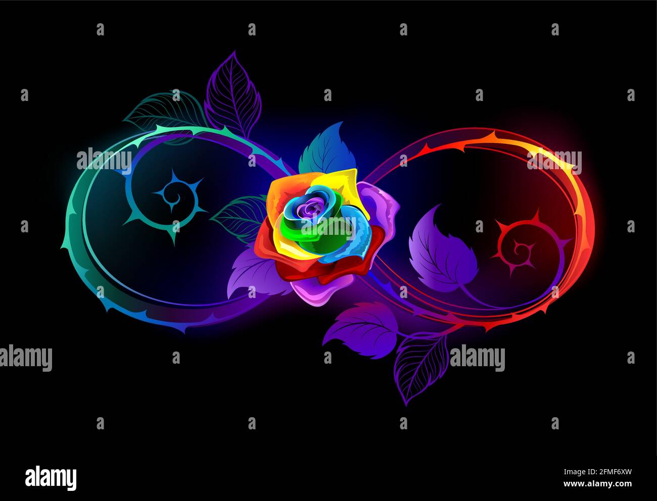 Rainbow, glowing infinity symbol with bright thorny stems and an ...