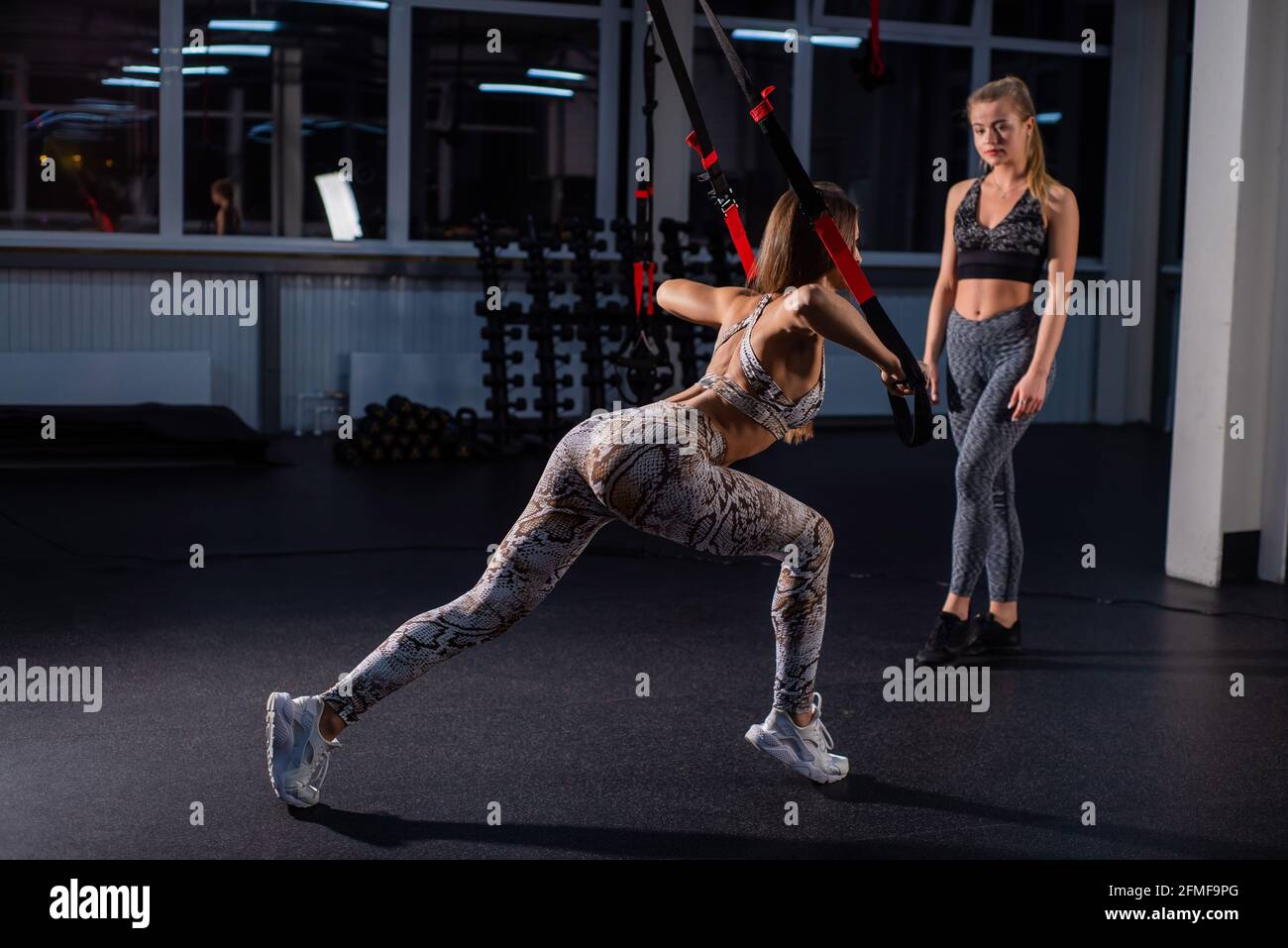 Do squats. Confident young personal trainer shows a slim athletic woman ...