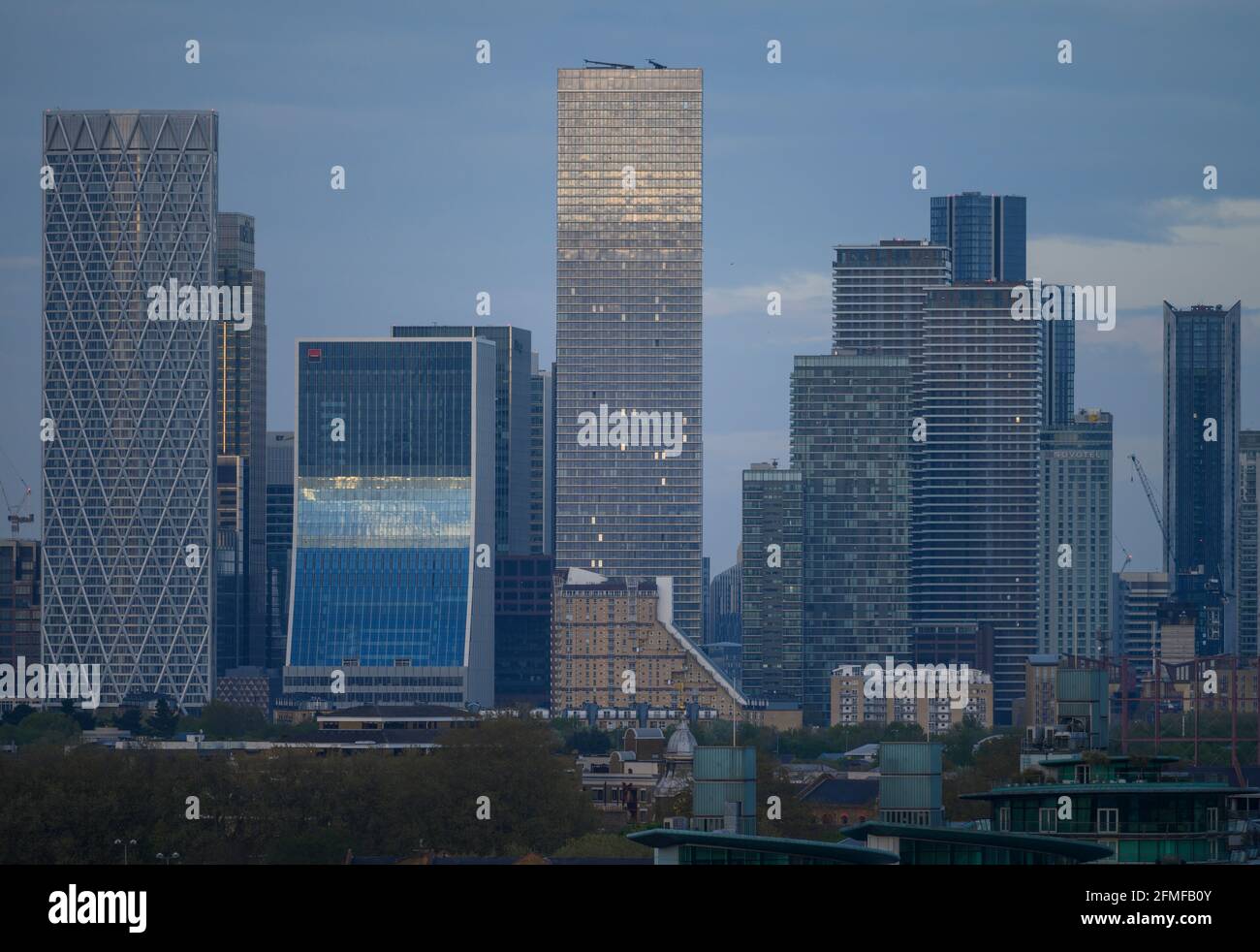 View of Canary Wharf skyscrapers from the top floor balcony of City ...