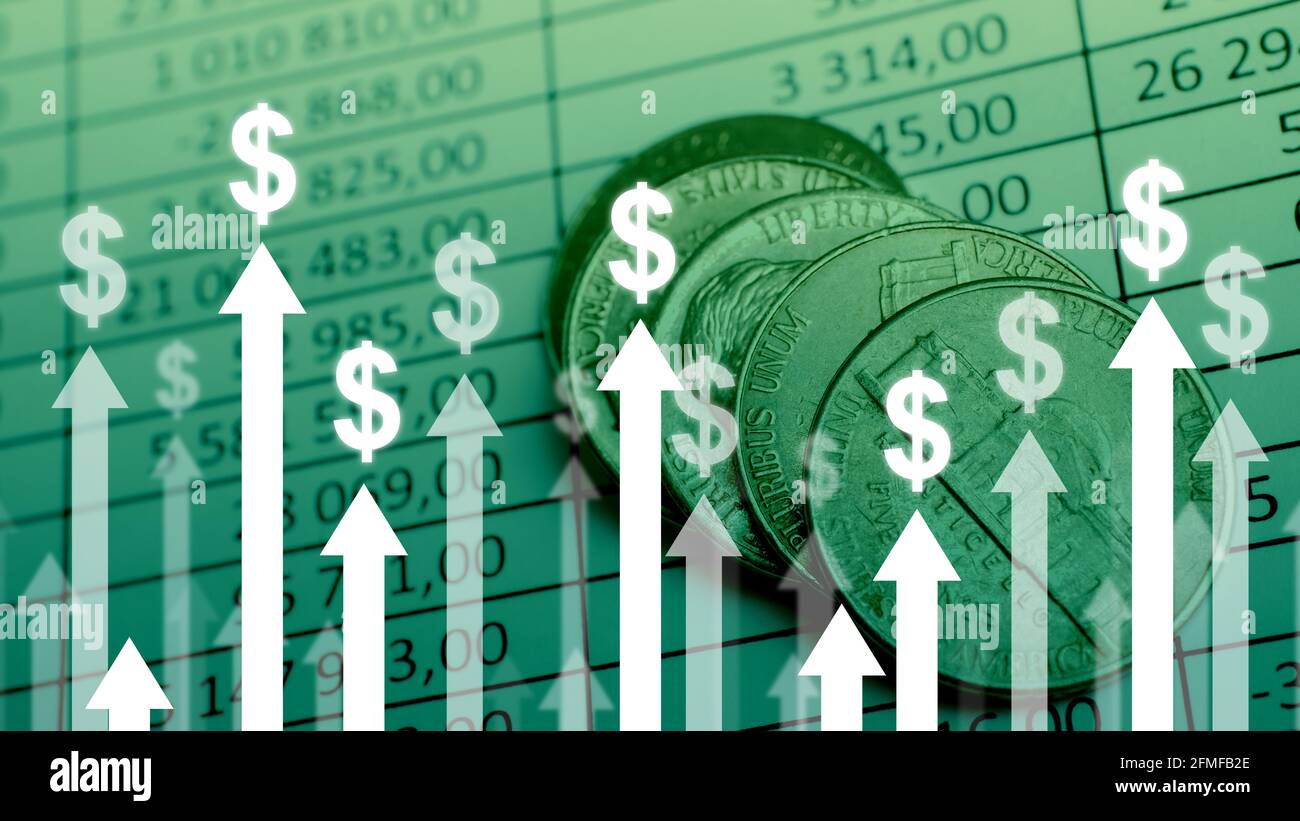 Dollar currency growth concept with upward arrows on charts and coins ...