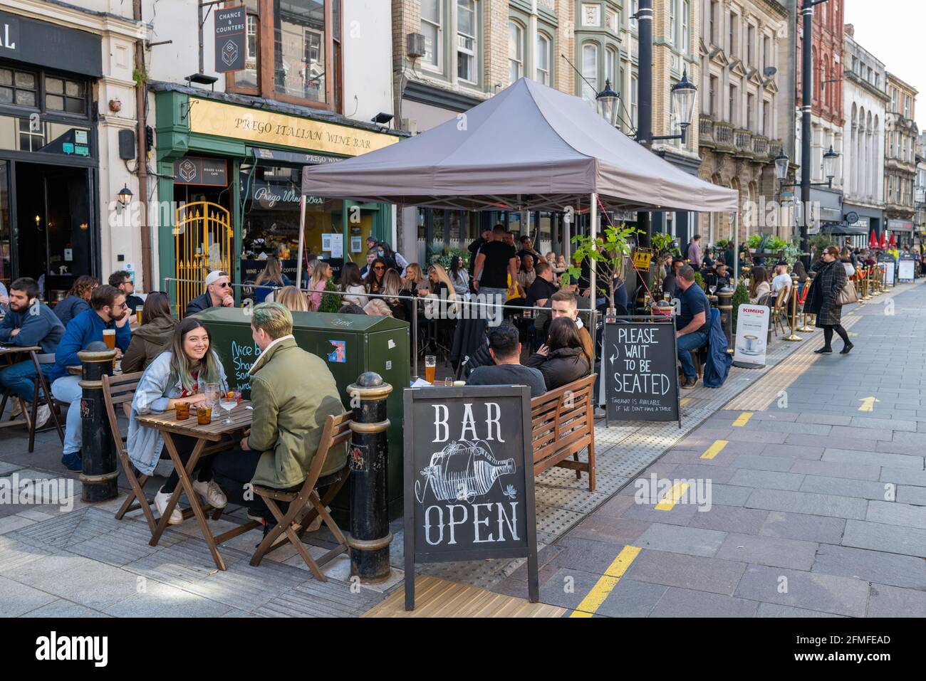 CARDIFF, WALES - MAY 02: Outdoor hospitality on High Street on May 02 ...