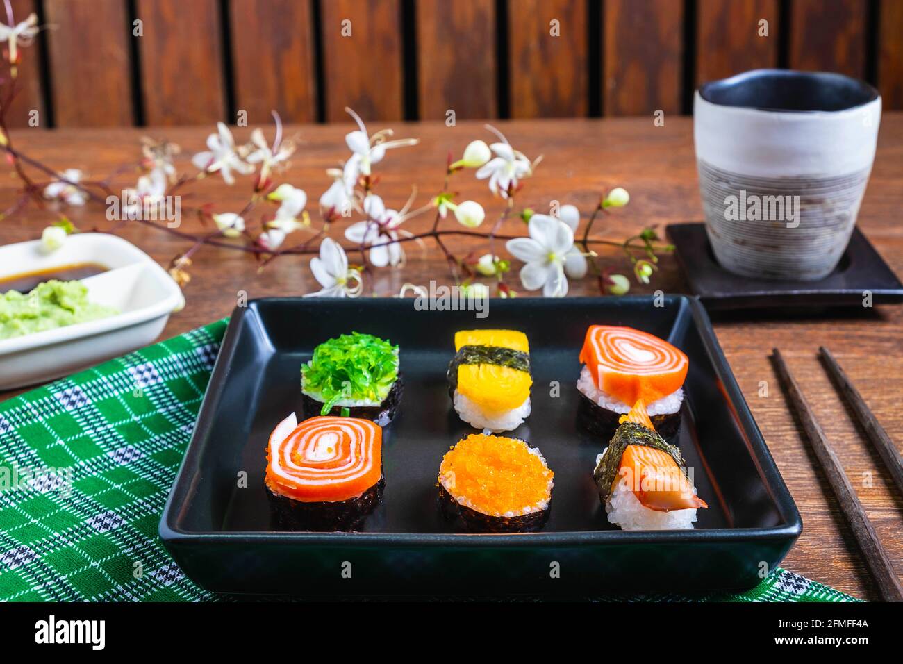 Japanese Food sushi mix and wasabi and soy sauce Stock Photo - Alamy
