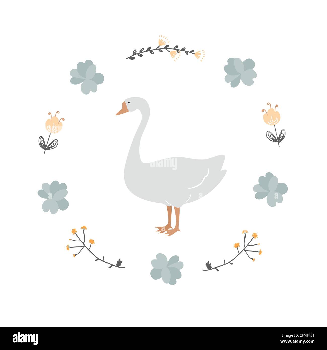 Vintage floral wreath frame with white goose, vector cartoon ...