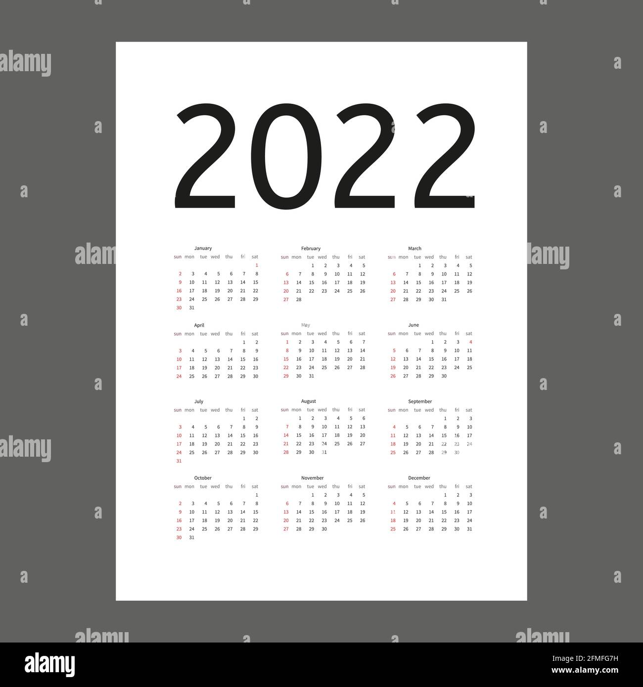 Calendar 2022 year. Week starts on Sunday. Vector calender Stock Vector ...