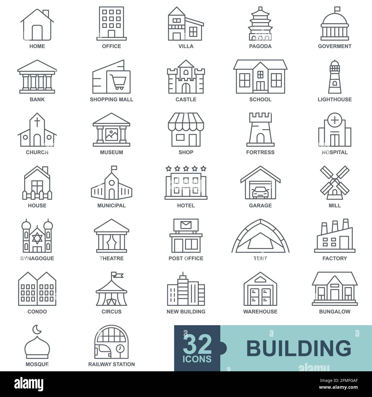 Building minimal thin line, glyph, filled, color web icon set. Outline ...
